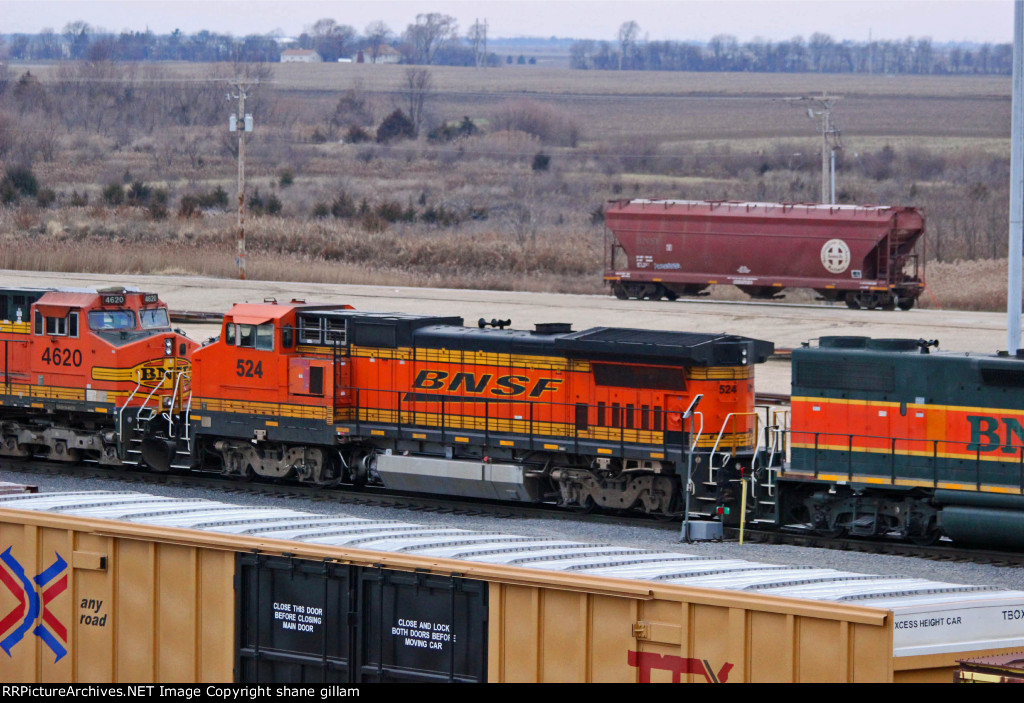 BNSF 524 trails in the mix of power.